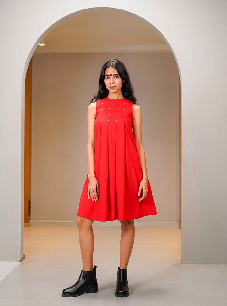 Arya Handloom Cotton Dress - Red | Sustainable Indo-Western Wear | Prathaa