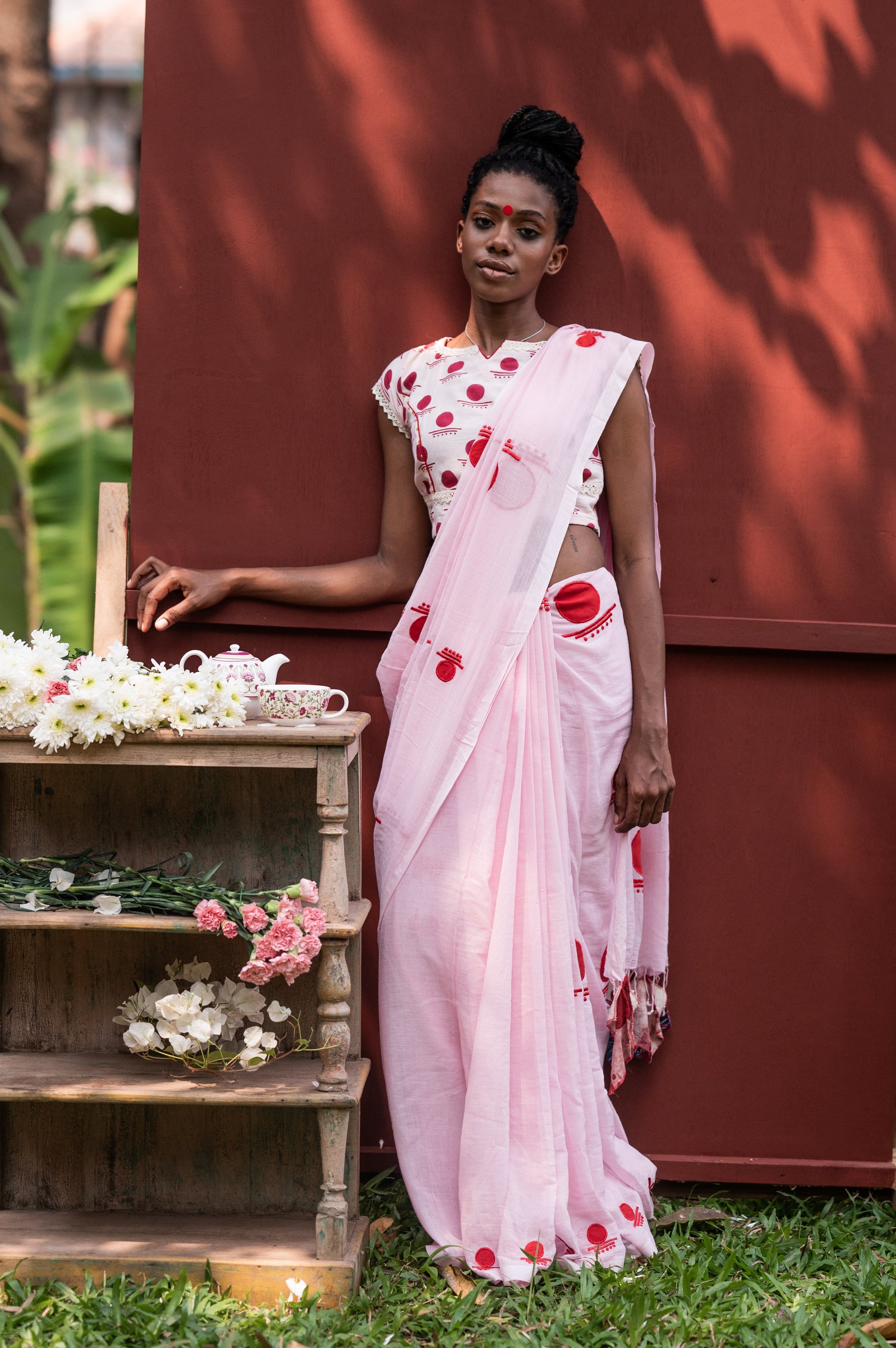 Pink Linen Cotton Bindi Saree | Sustainable Indo-Western Wear by Prathaa