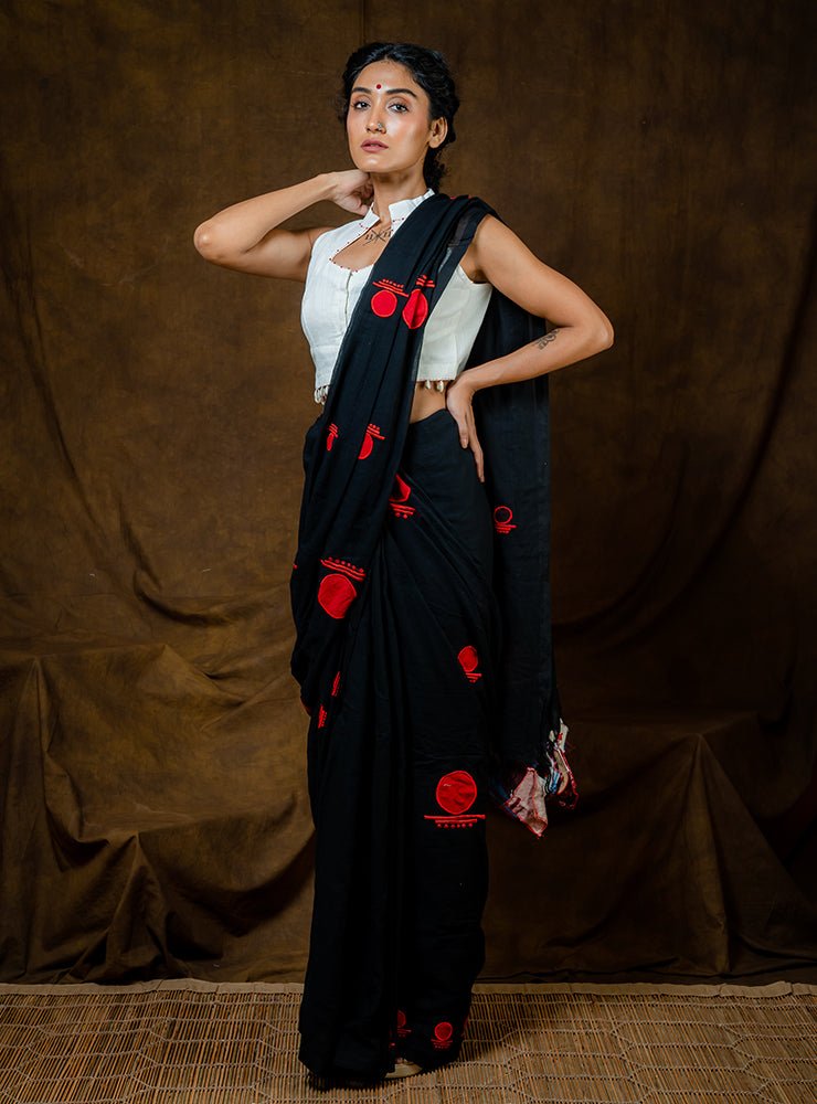 Black Linen Cotton Bindi Saree | Sustainable Indo-Western Wear | Prathaa