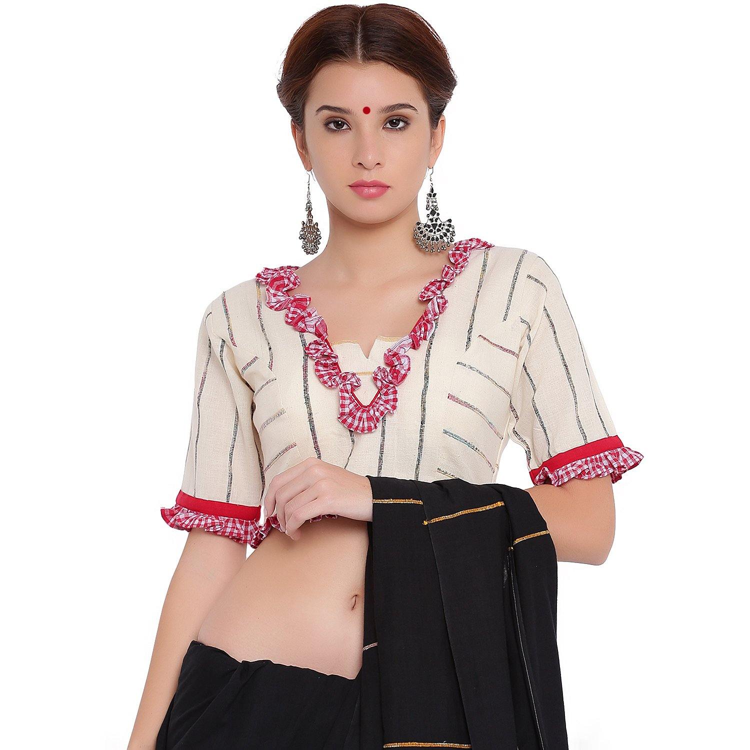 Bengali White Khesh Cotton Traditional Gamcha Frill Blouse | Indo ...